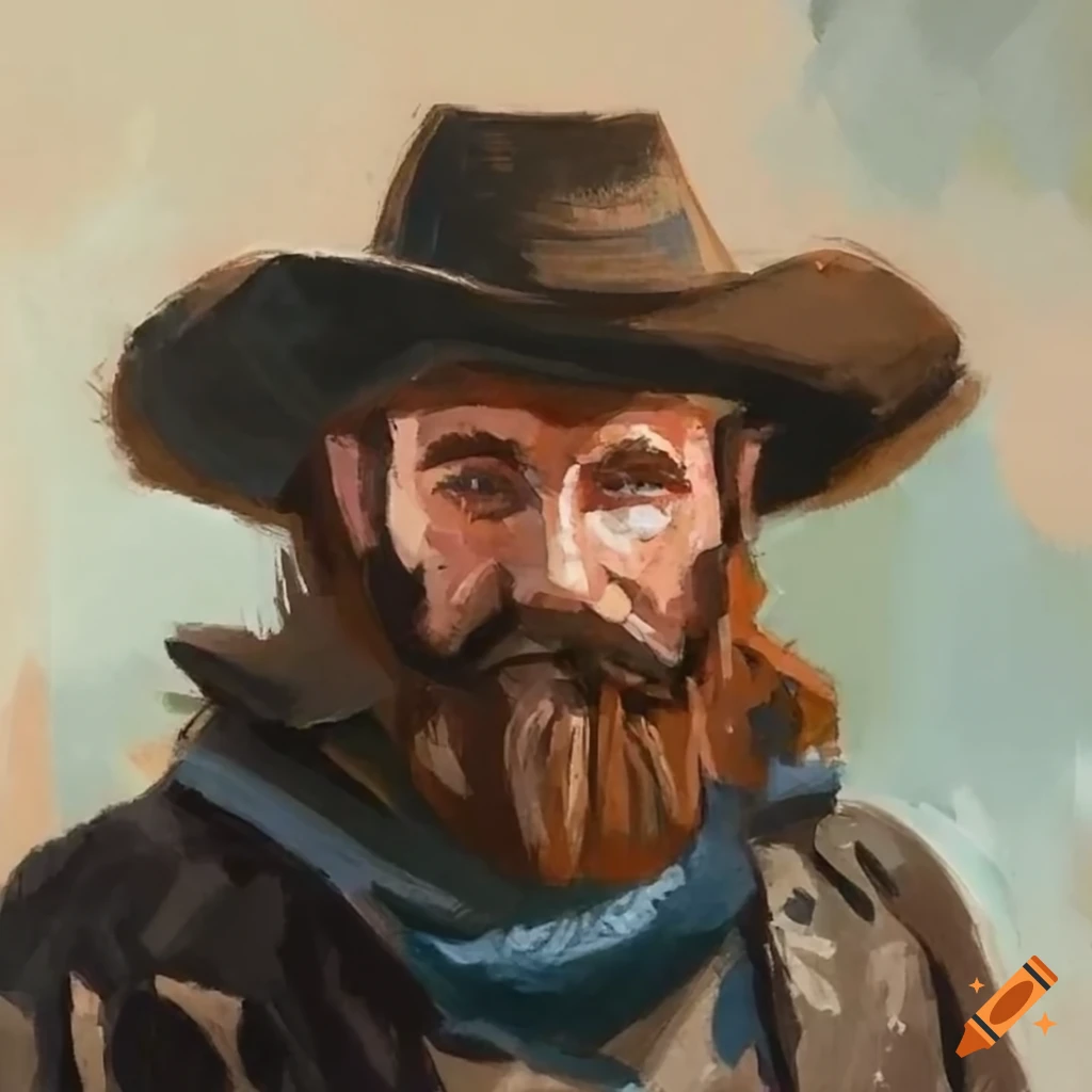 Vintage sketch of a western outlaw with a big beard with his hat ...