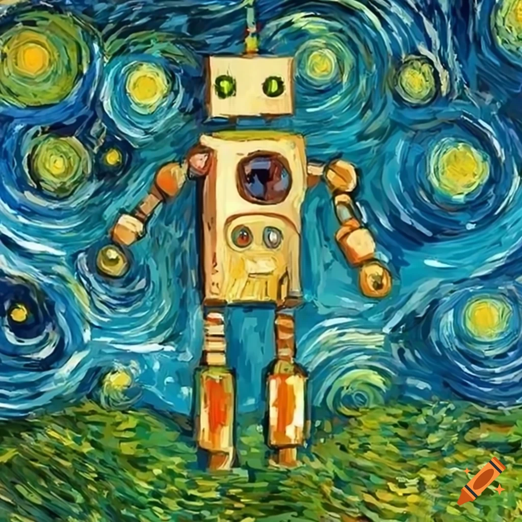 Van gogh-style robot dancing on grass