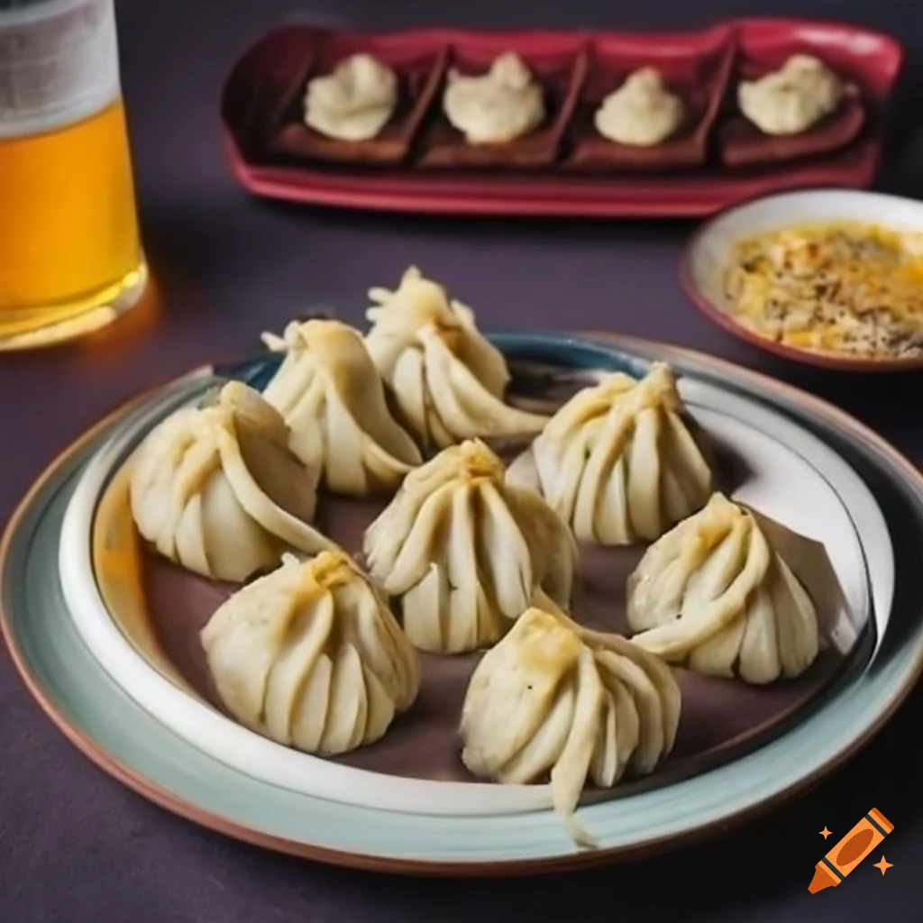 Bowl Of Ema Datshi With 4 Momos On Plate With Tibetian Delicasies And bowl-of-ema-datshi-with-4-momos-on-plate-with-tibetian-delicasies-and
