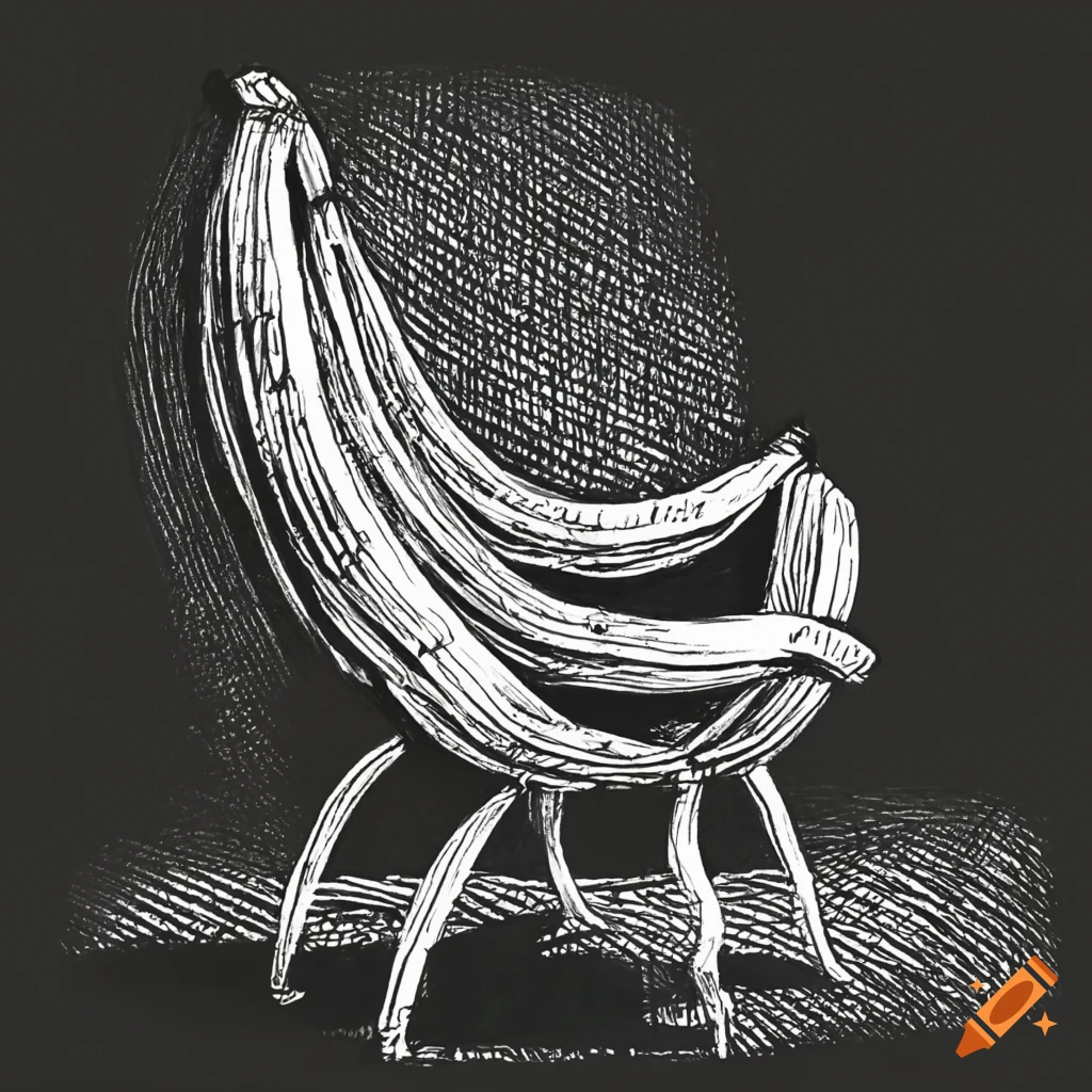 Chair made of bananas, rough sketch, monochromatic black and white