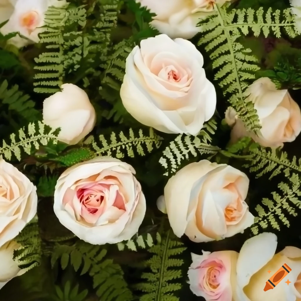 Lots of bush roses white and cream among fern