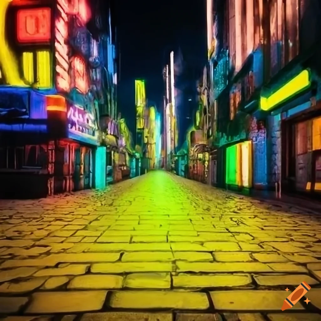 A Tron Blade Runner hybrid inspired vibrant neon yellow and green lit ...
