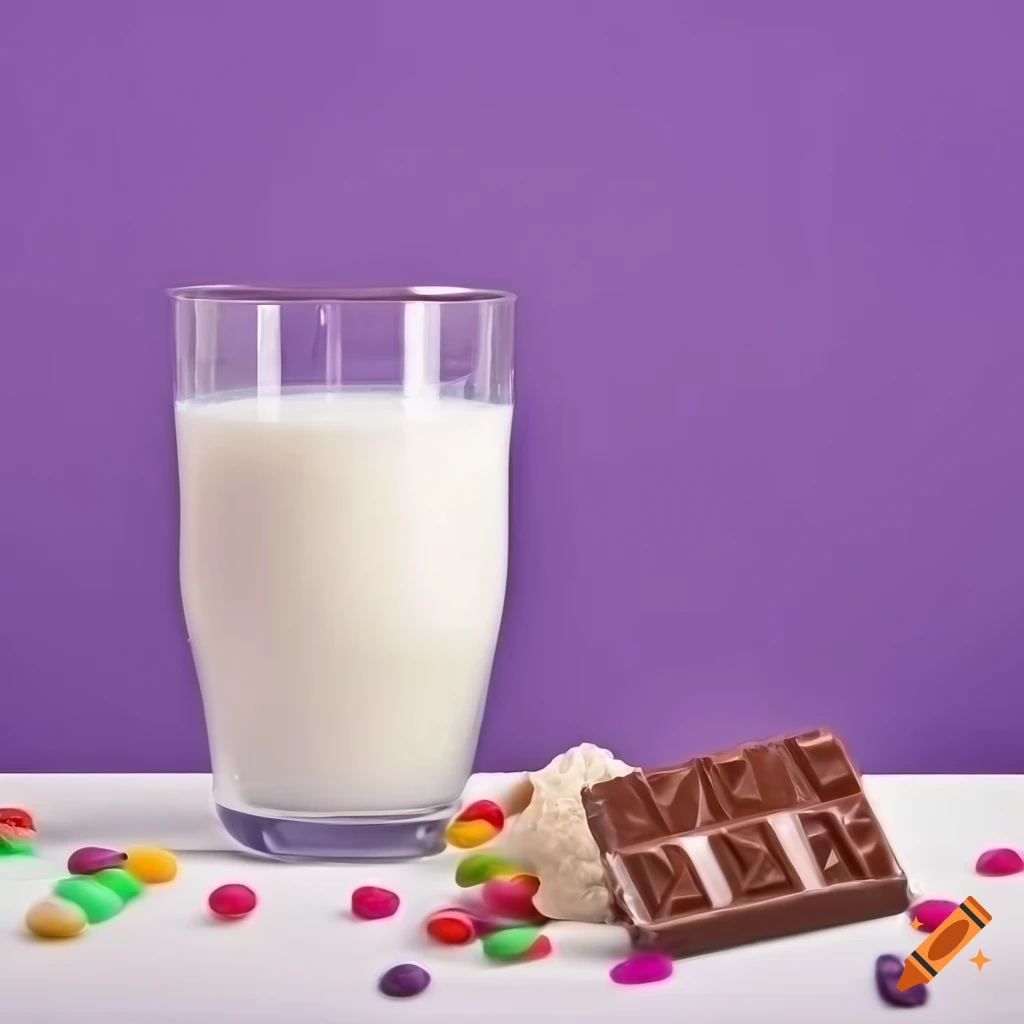 White milk in a glass , milk chocolate bar and popping candy on a white ...