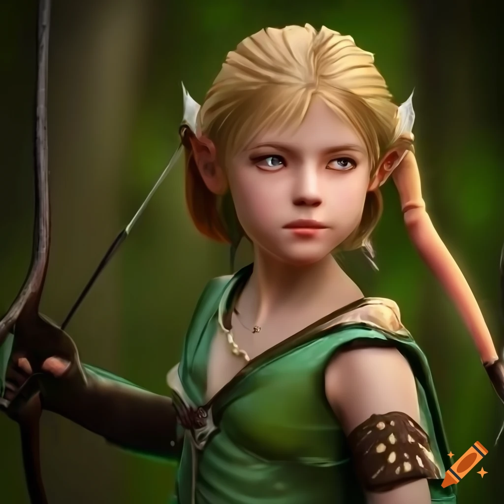 Petite girl fantasy archer with strawberry blonde pigtails wearing green leather, in a forest ...