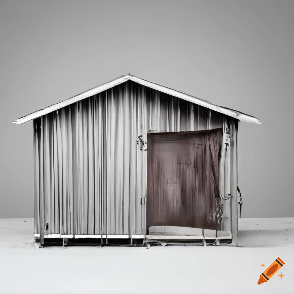 Makeshift homes made of metal sheets on a white background