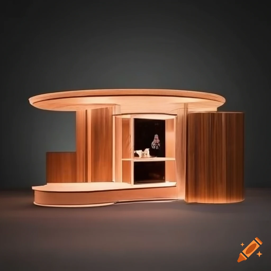 A modern exhibition stand with wood paneling and sleek designs