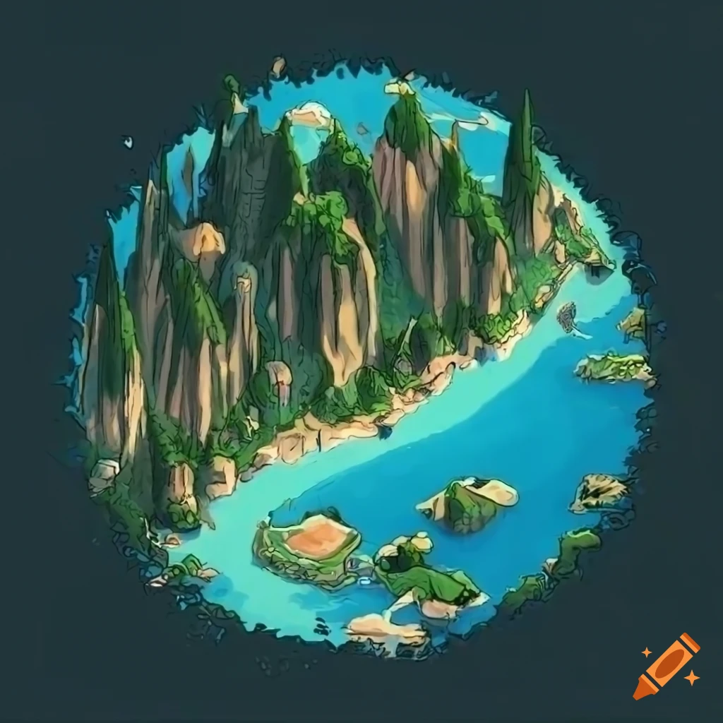 Mountain landscape roads fantasy lake isometric view, pixel art map ...