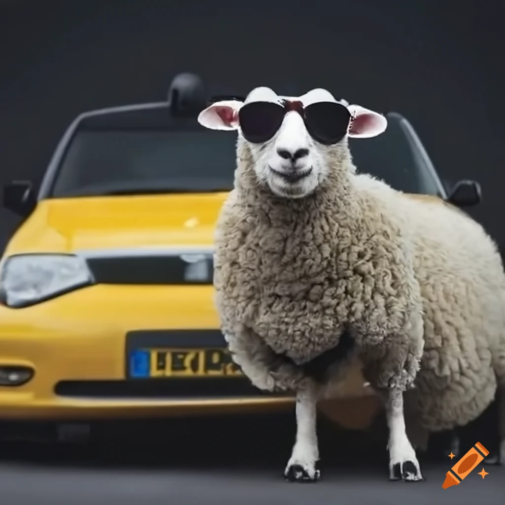 A sheep wearing a pair of sunglasses beside a taxi car