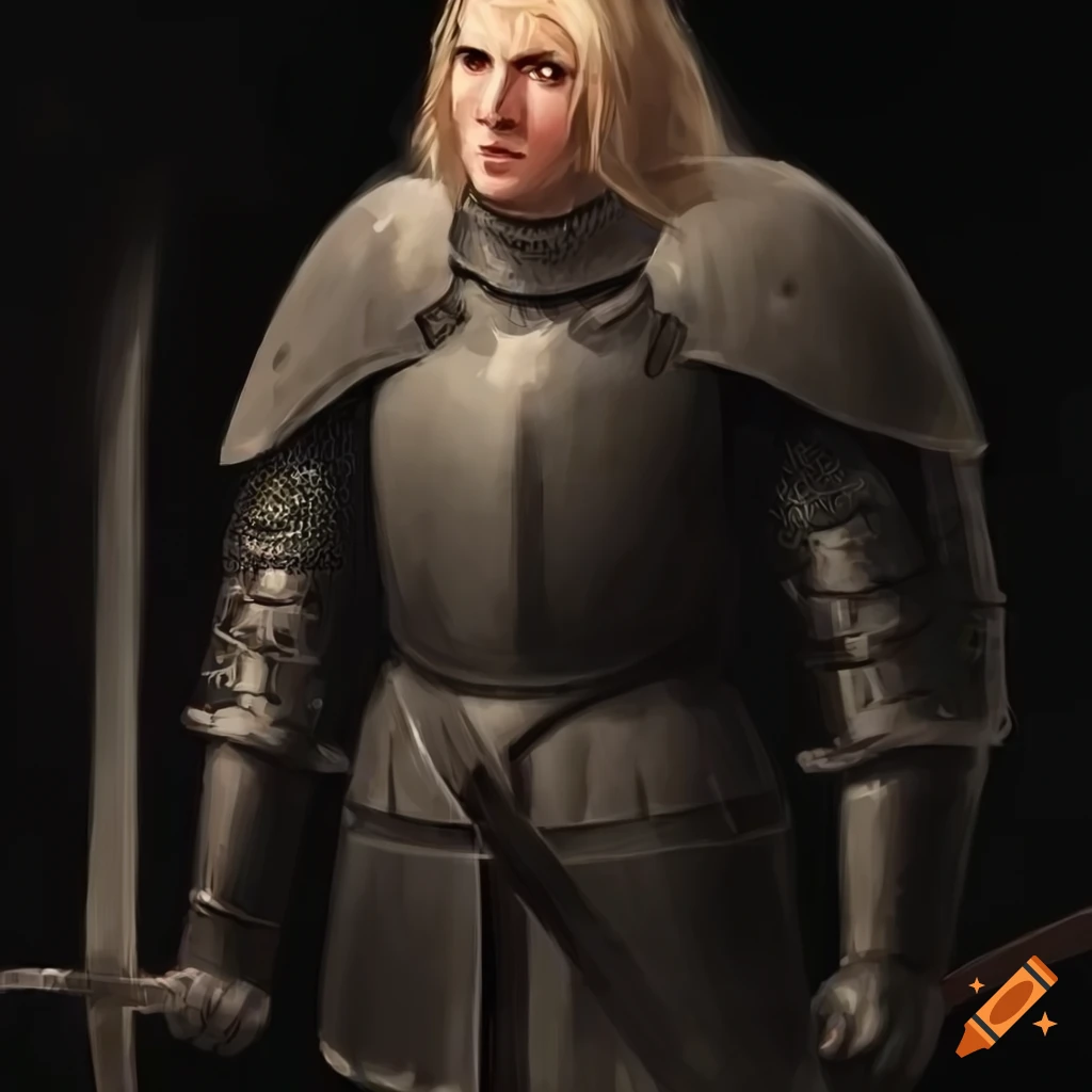 A blond, long-haired knight clad in chainmail with a longsword and ...