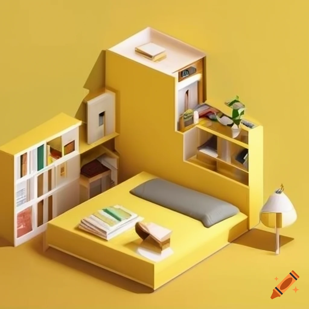 Soft all yellow isometric cube bedroom with flowers and tall lamp and ...