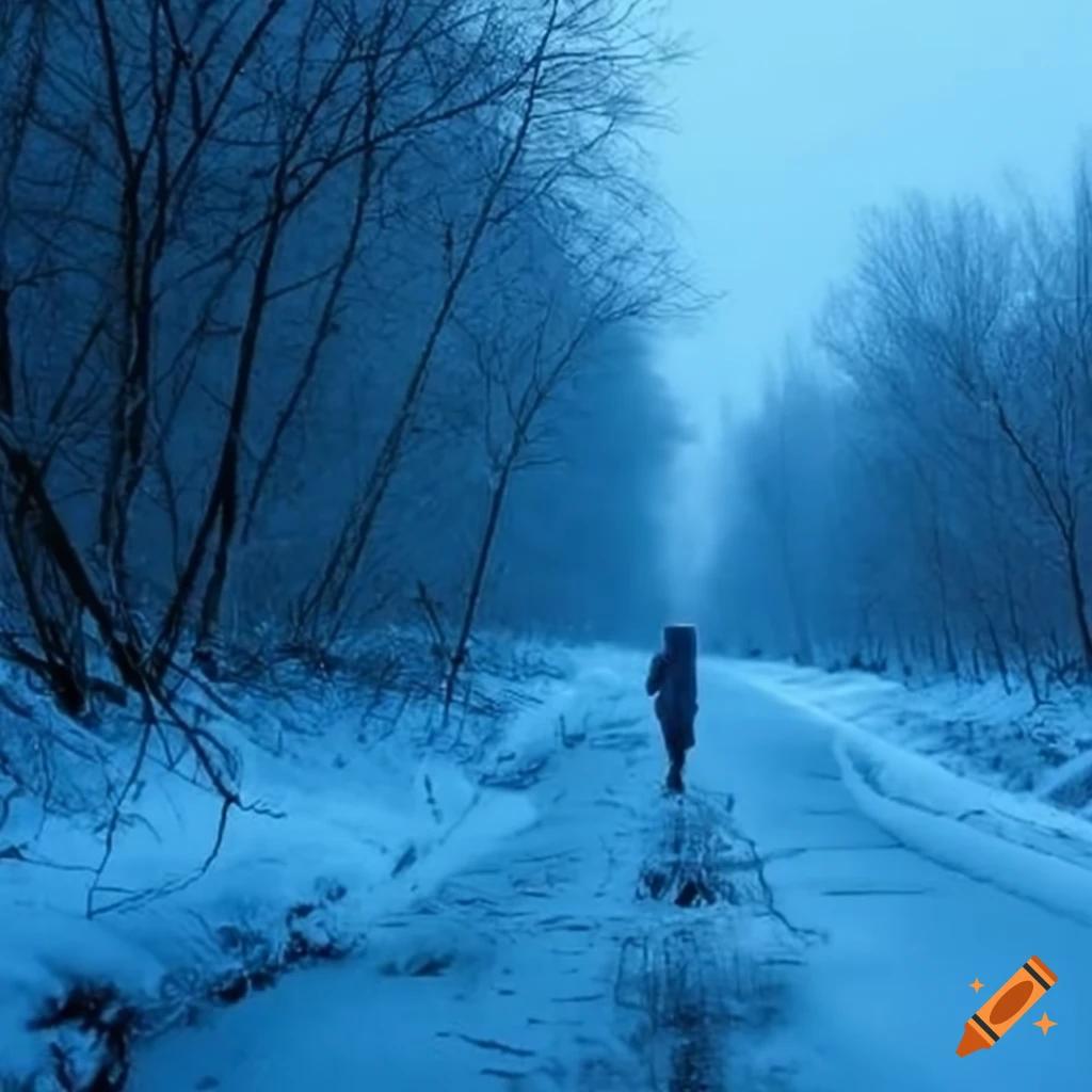 Walking through a blizzard cold blue on Craiyon