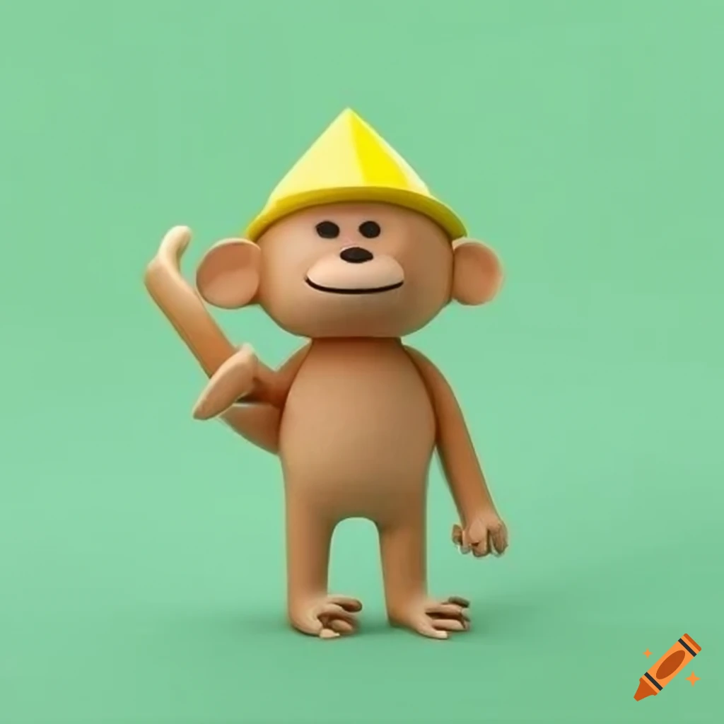 Cute happy wooden monkey with yellow hat. 3d art style. pastel colors ...