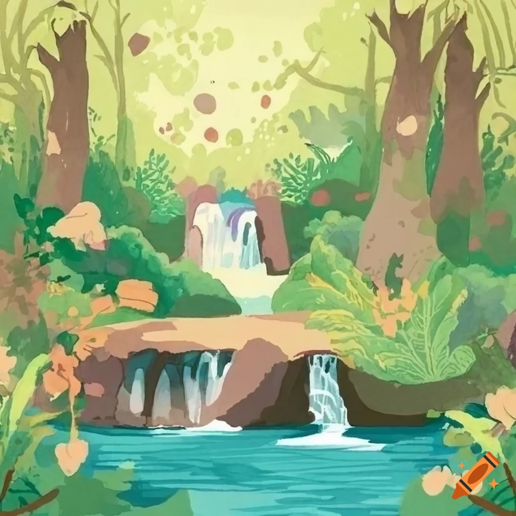 Cottagecore forest with a waterfall at the side, watercolor style drawing