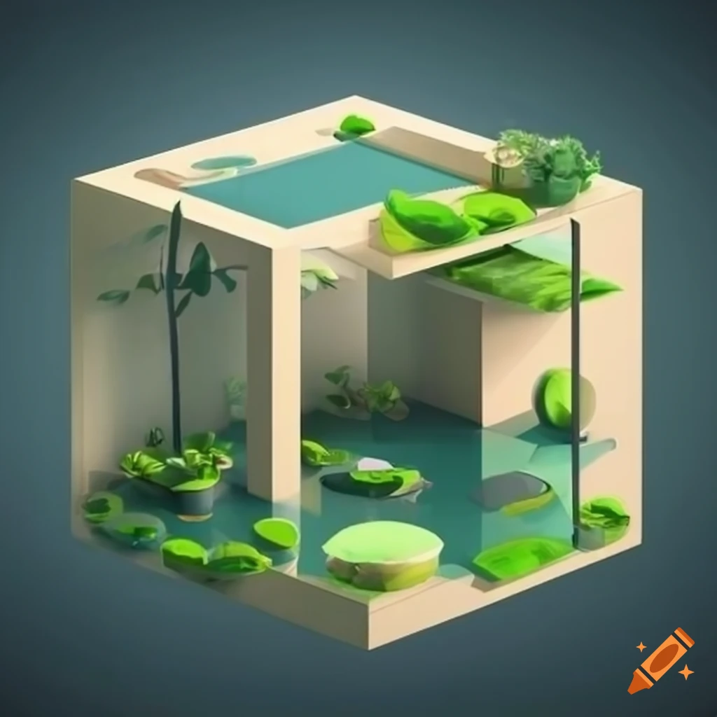 A soothing isometric room cube with water garden