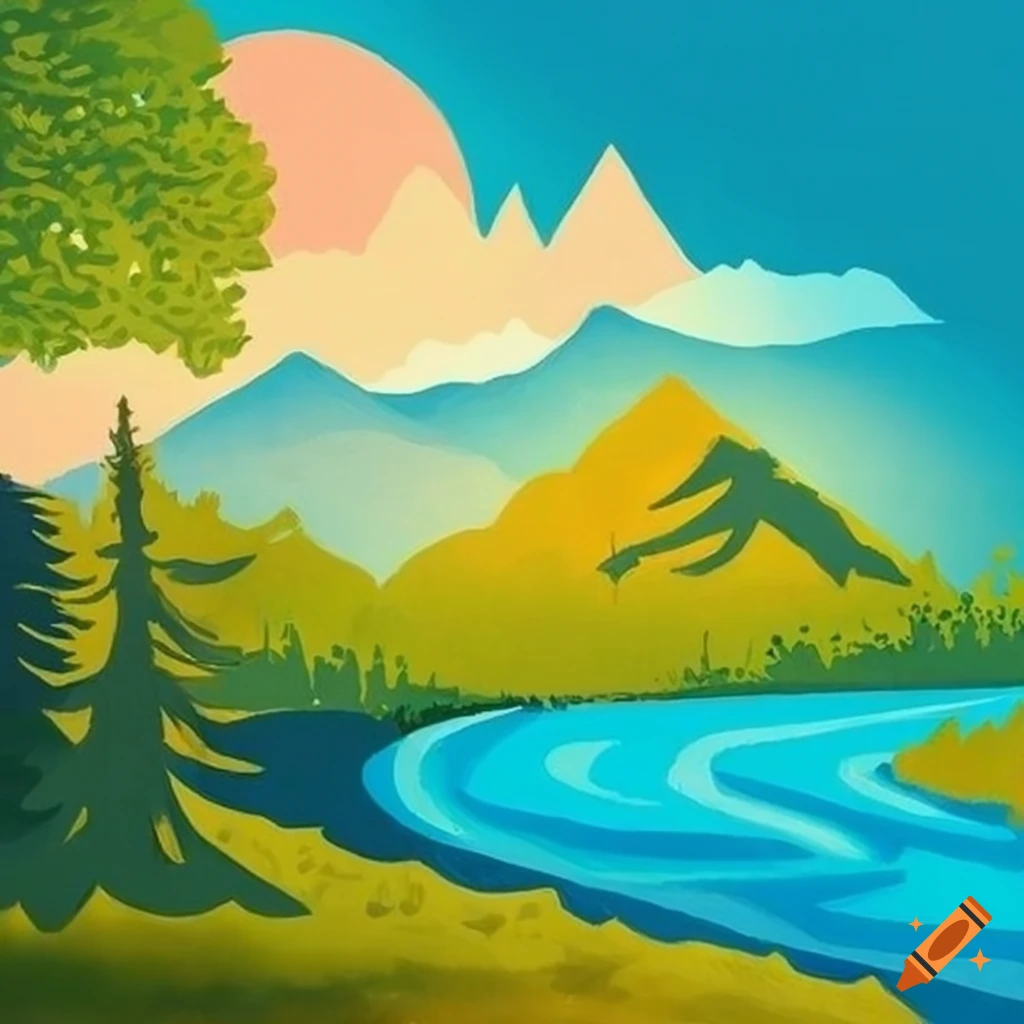 Tree, mountain and river landscape in the style of tomm moore