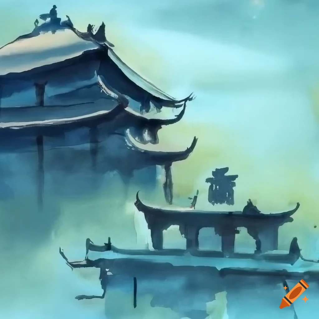 Chinese ink painting ink-and-wash painting ancient times city temple