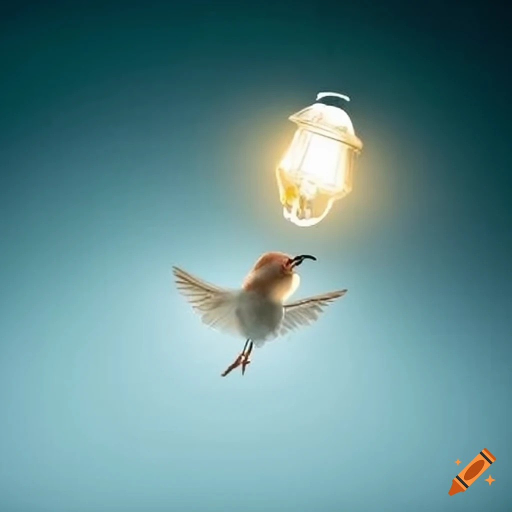A bird flying above and looking at a light bulb on Craiyon