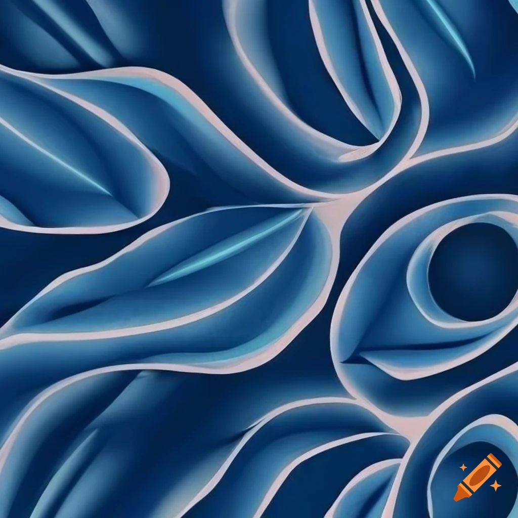 An abstract design of interlocking leaves in indigo tones