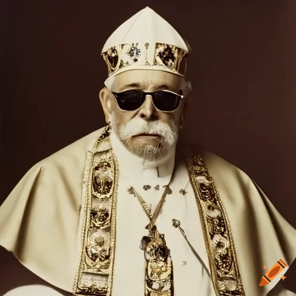 A grey haired pope with moustaches and aviator sunglasses, wearing a ...