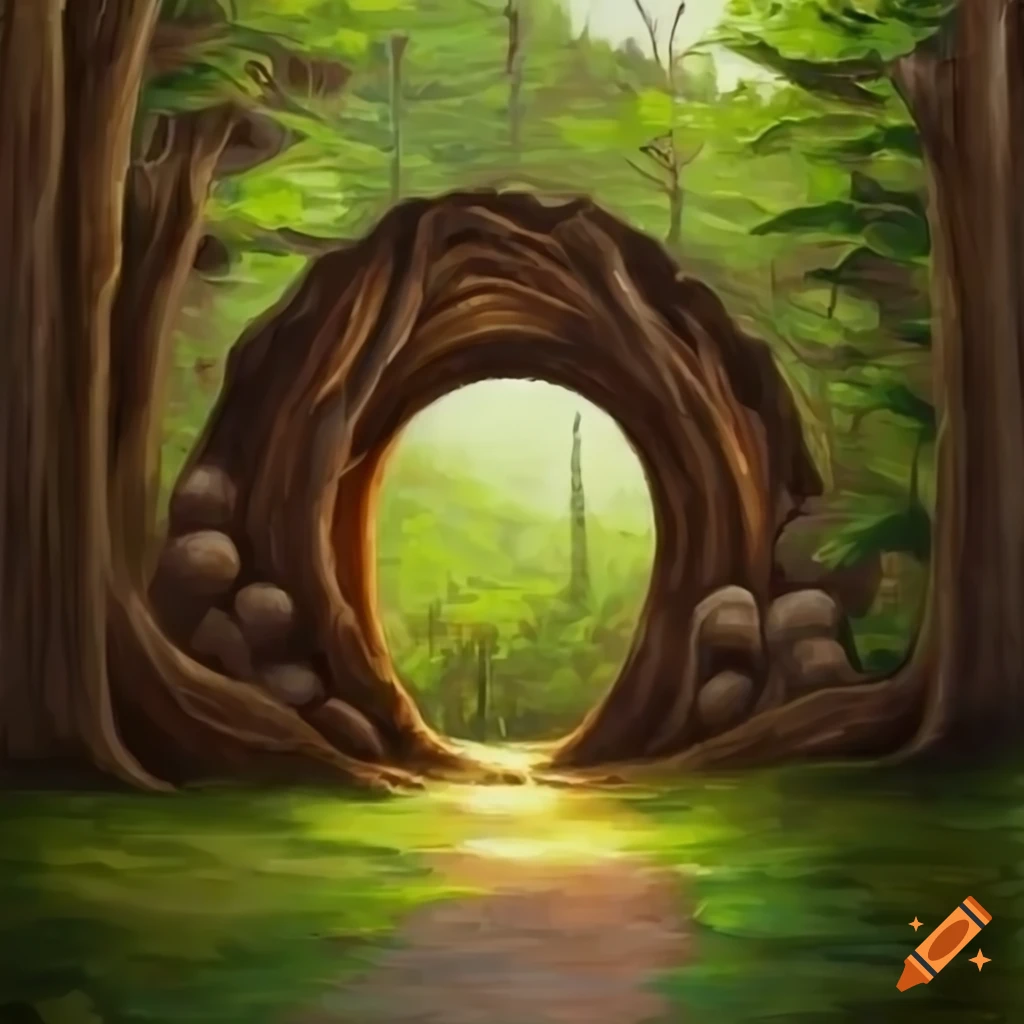 Wooden circle portal between two tall trees illustration