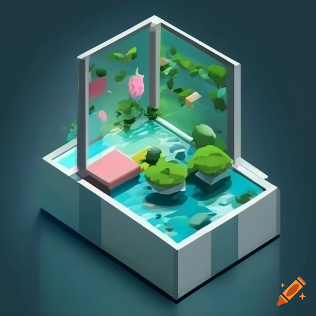 A soothing isometric room cube with water garden