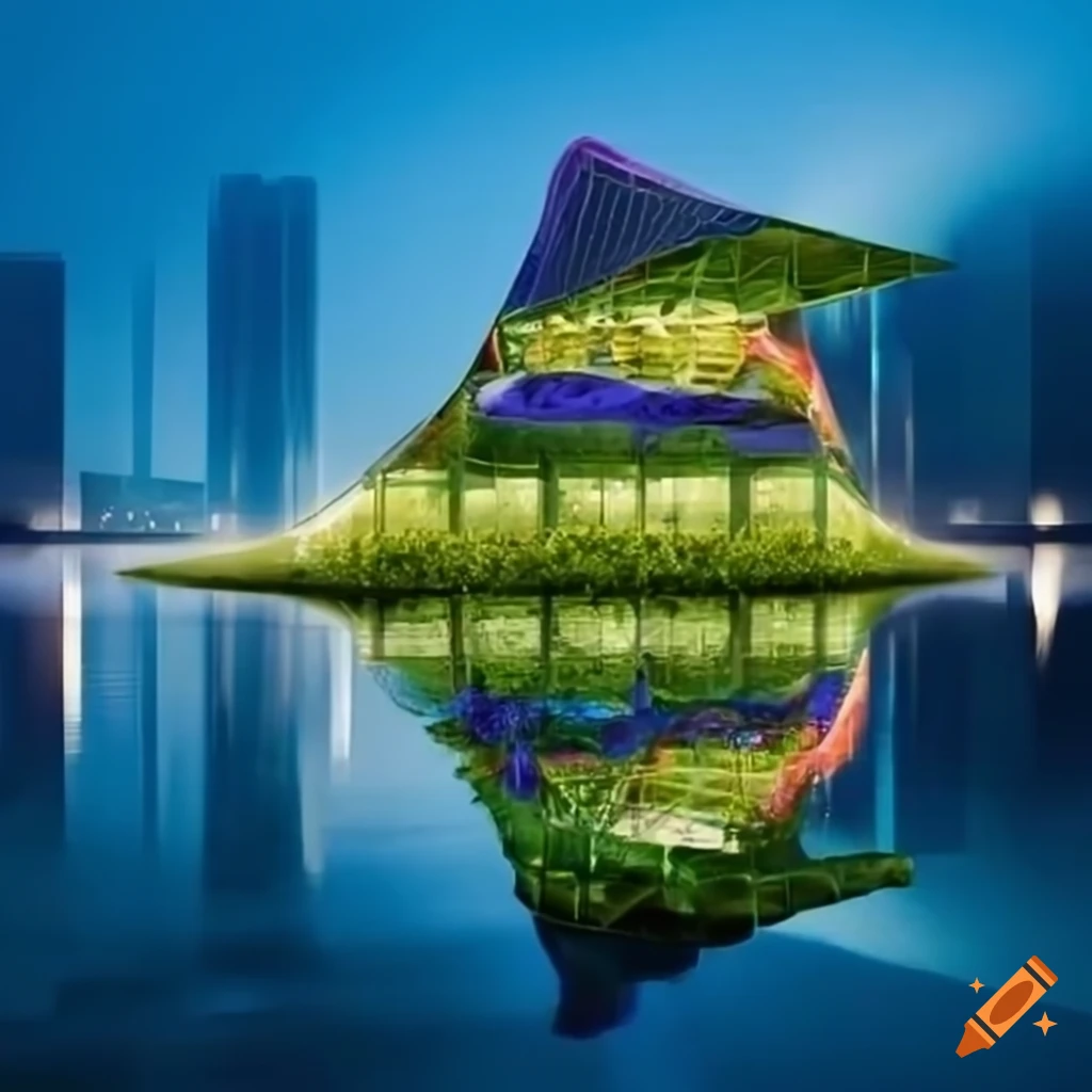 Futuristic floating platform hydroponic gardens on a river with colored ...