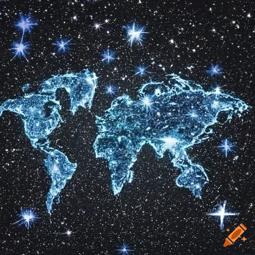 The world map made of sparkling stars on a black background