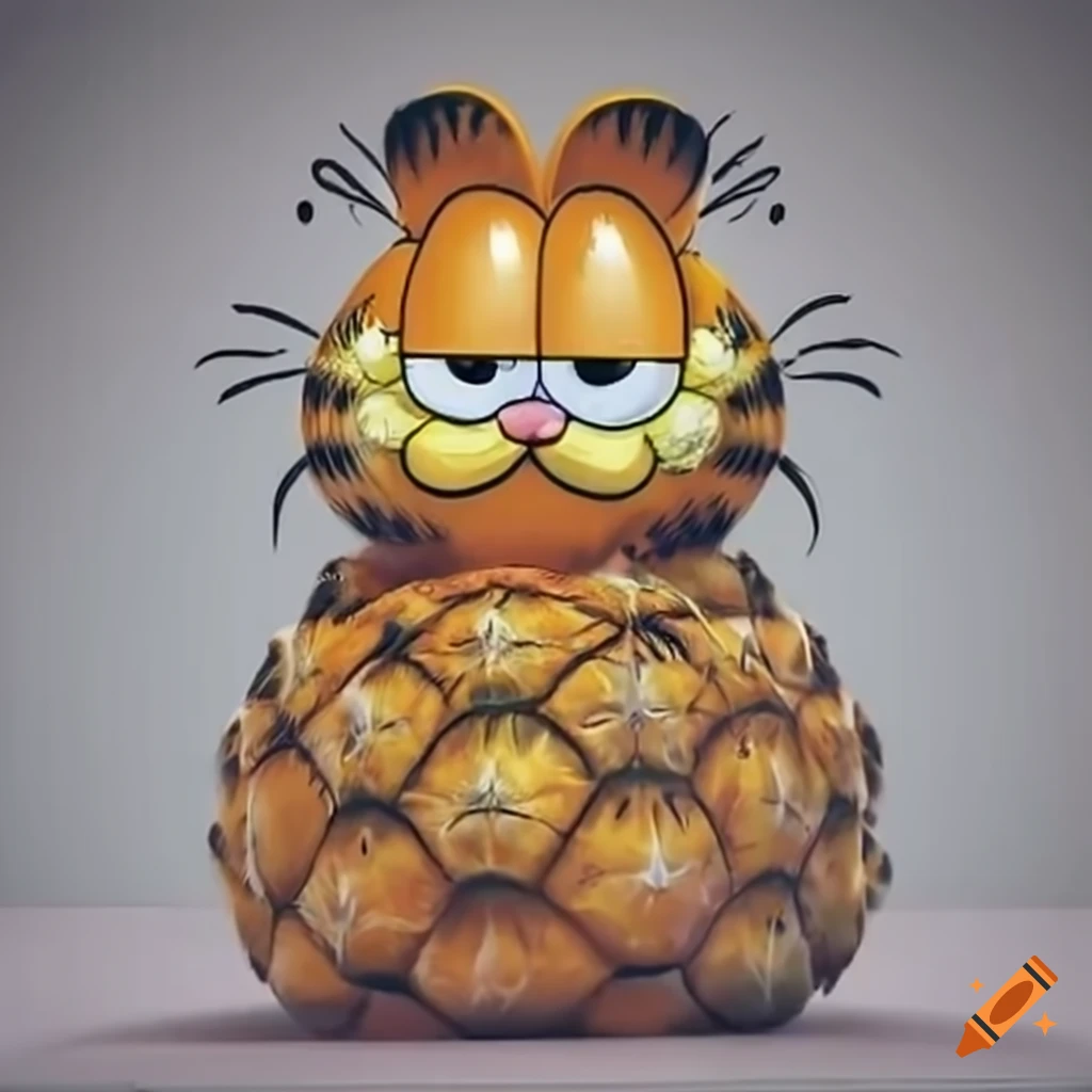 Garfield the cat sitting at a dinner table, which has a golden ...