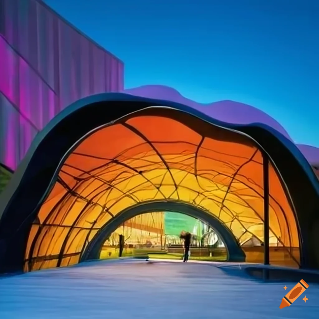 A cafe structure made of colored glass panels and sculptural fabric ...