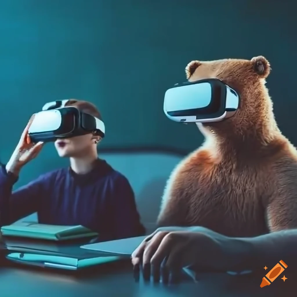 Multiple bears wearing vr headsets are sitting in a classroom and listening to a teacher on Craiyon