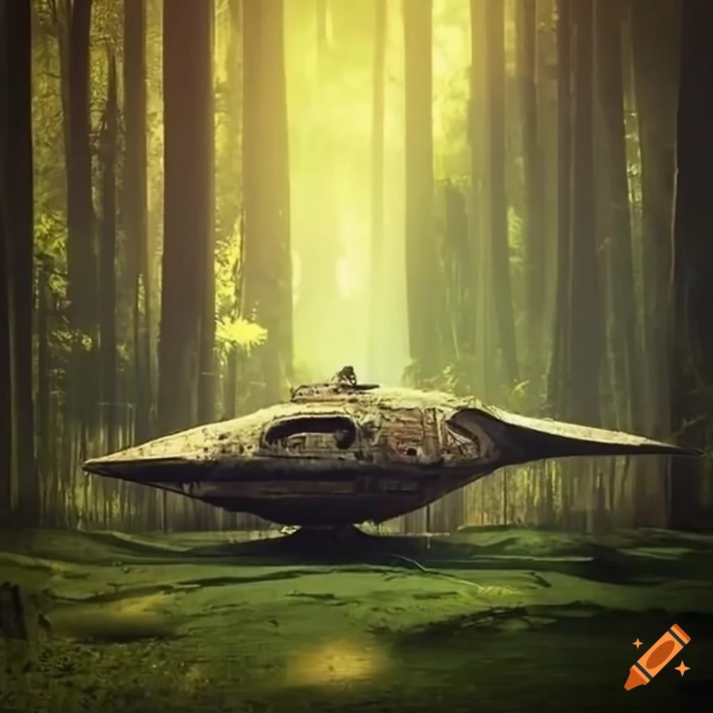 An abandoned spaceship in the middle of the forest on Craiyon