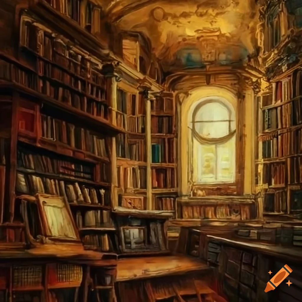 A beautiful painting of an old library with dim lighting