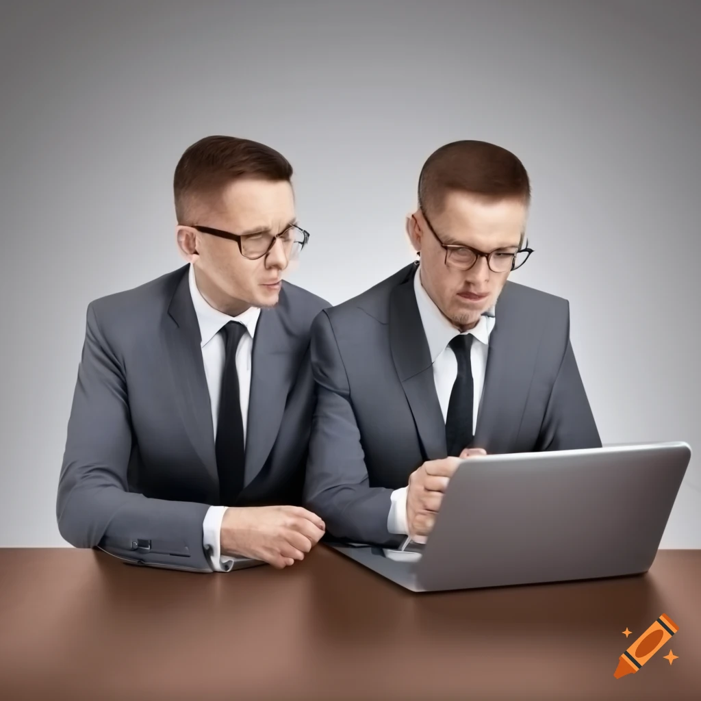 Two middle-aged men twins in business suits sit at the same table with ...