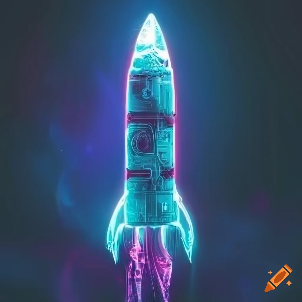 Space neon rockets with burn among stars on moon robot retrofuturism ...