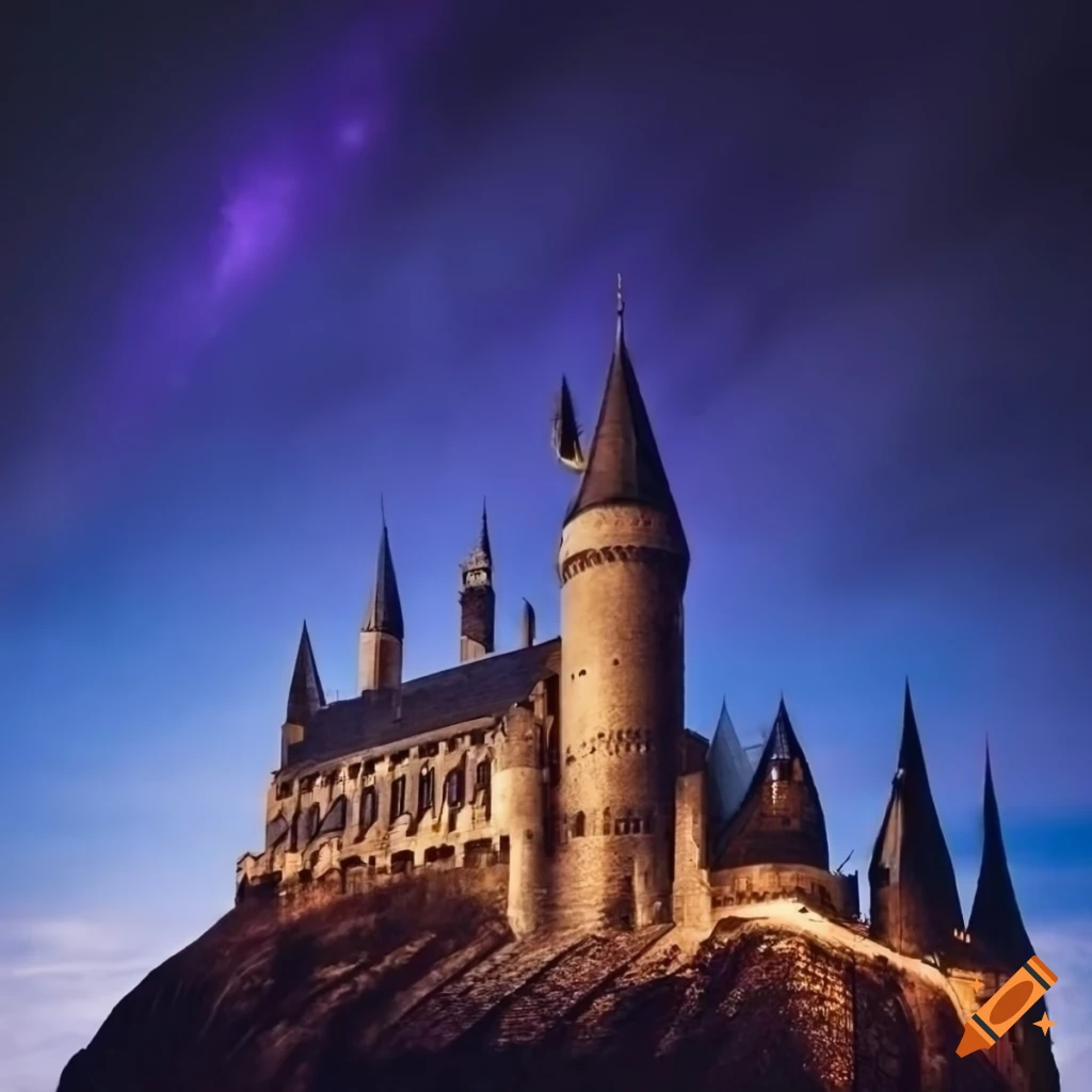 Uma imagem de 27x60 cm do castelo de Hogwarts a noite, céu com estrelas e lua on Craiyon