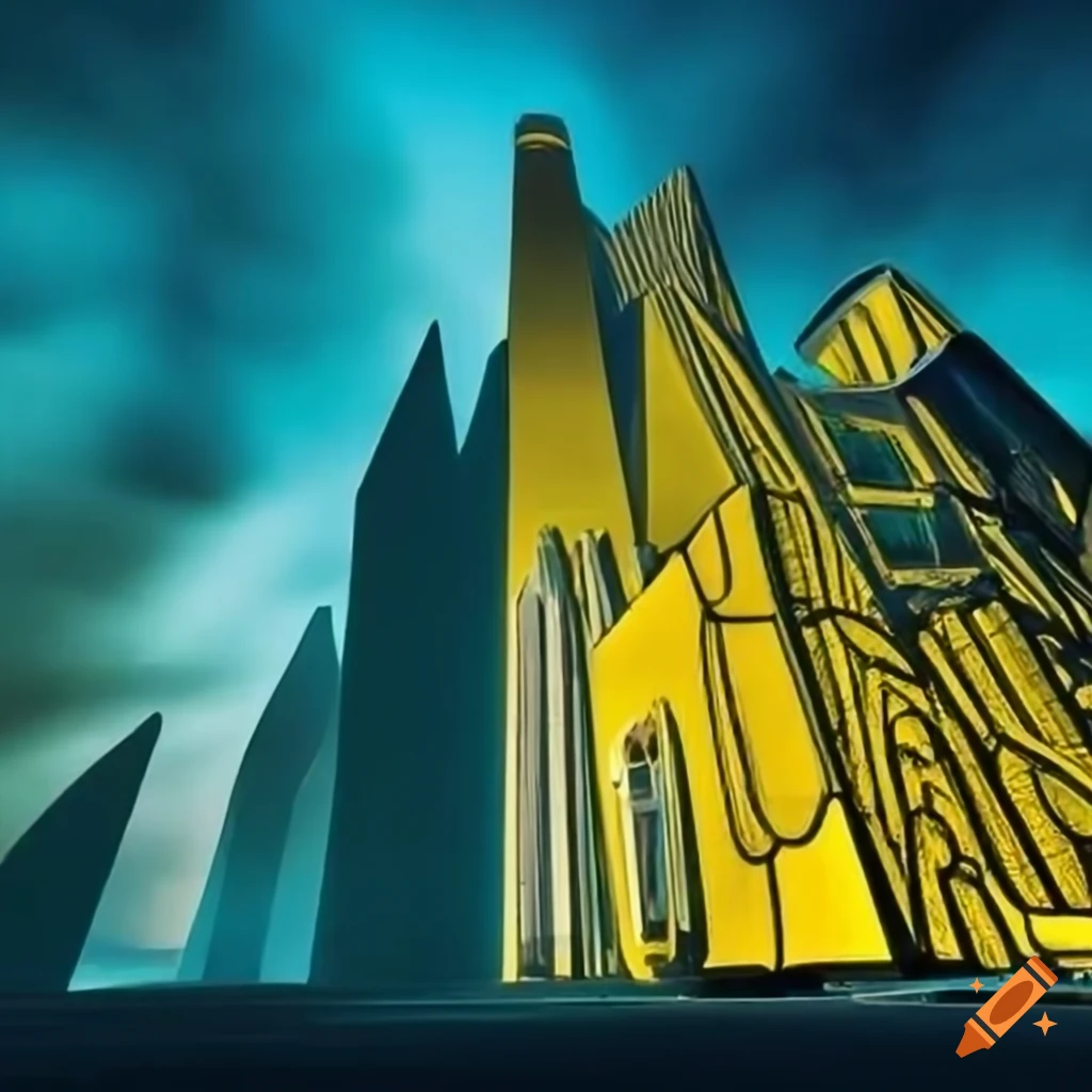 Futurist city weird design structures yellow strange vitraux jaunes cyan