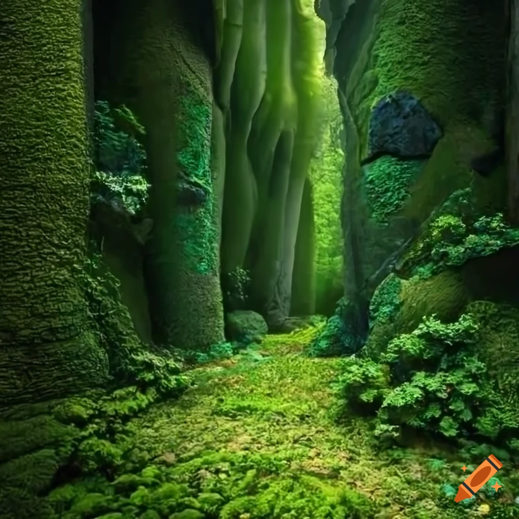 Create the photo of an overgrown narrow place in the middle of a large ...