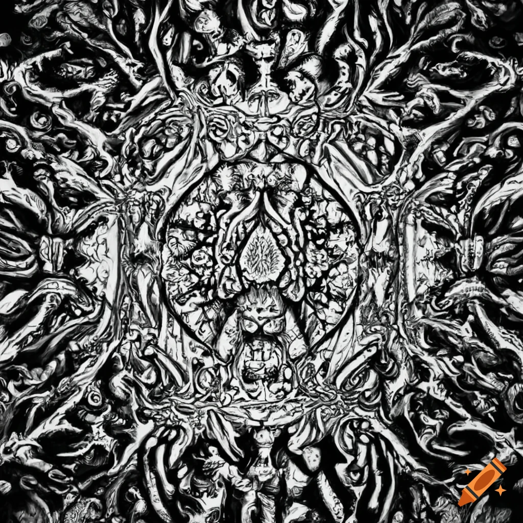 Intricate black and white drawing, inspired by nadir