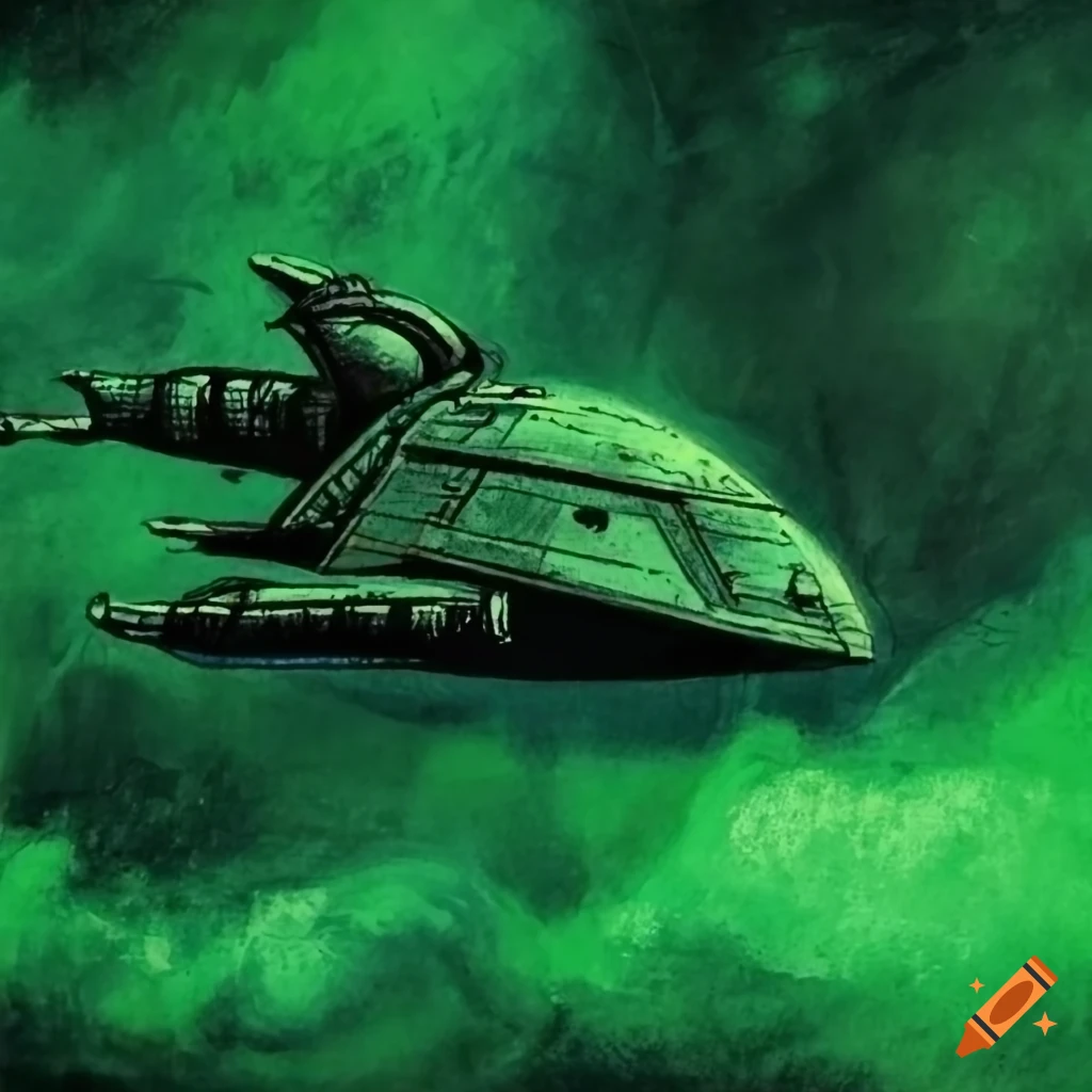 Alien space ship on the sky with green charcoal illustration styles