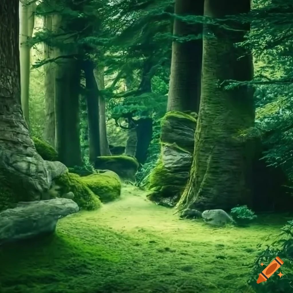 Create the photo of a small, cozy place in the middle of a large, green ...