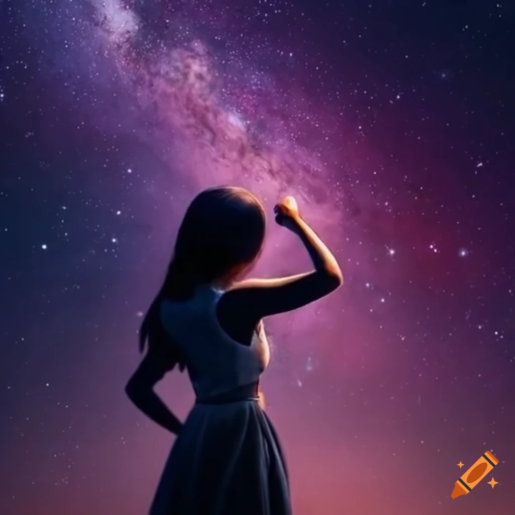 The girl's back is turned, she scatters stars across the sky