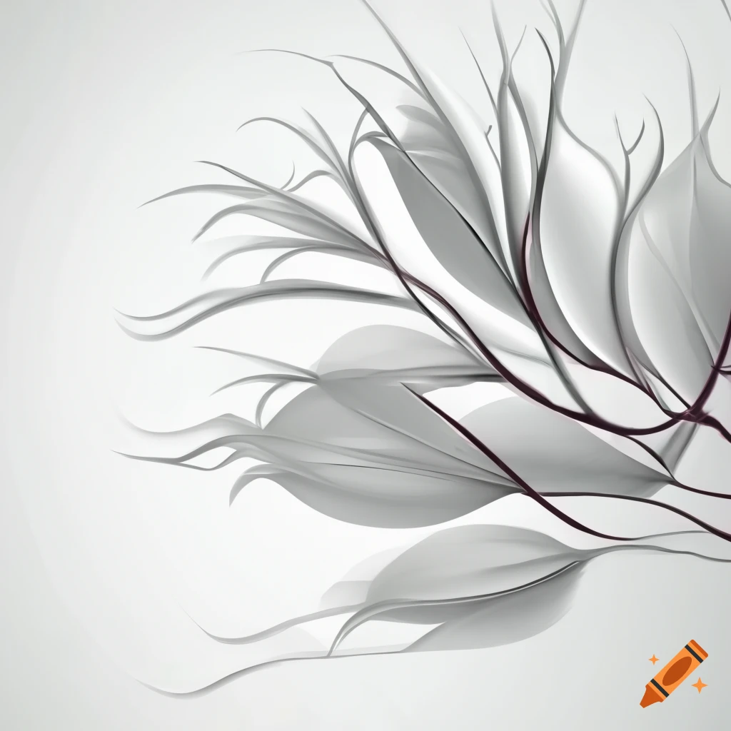 An abstract design of interlocking leaves in bright silver tones on a ...