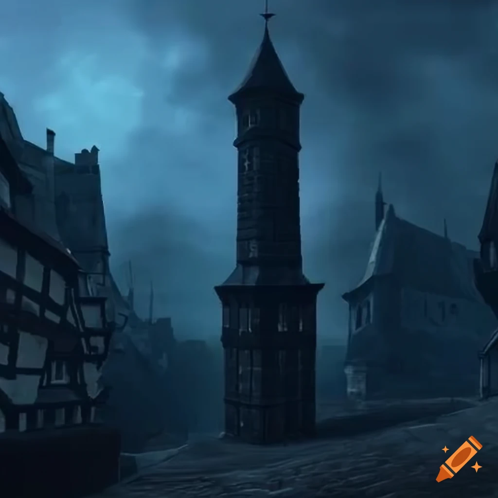 A black mage tower in front of a medieval town on Craiyon