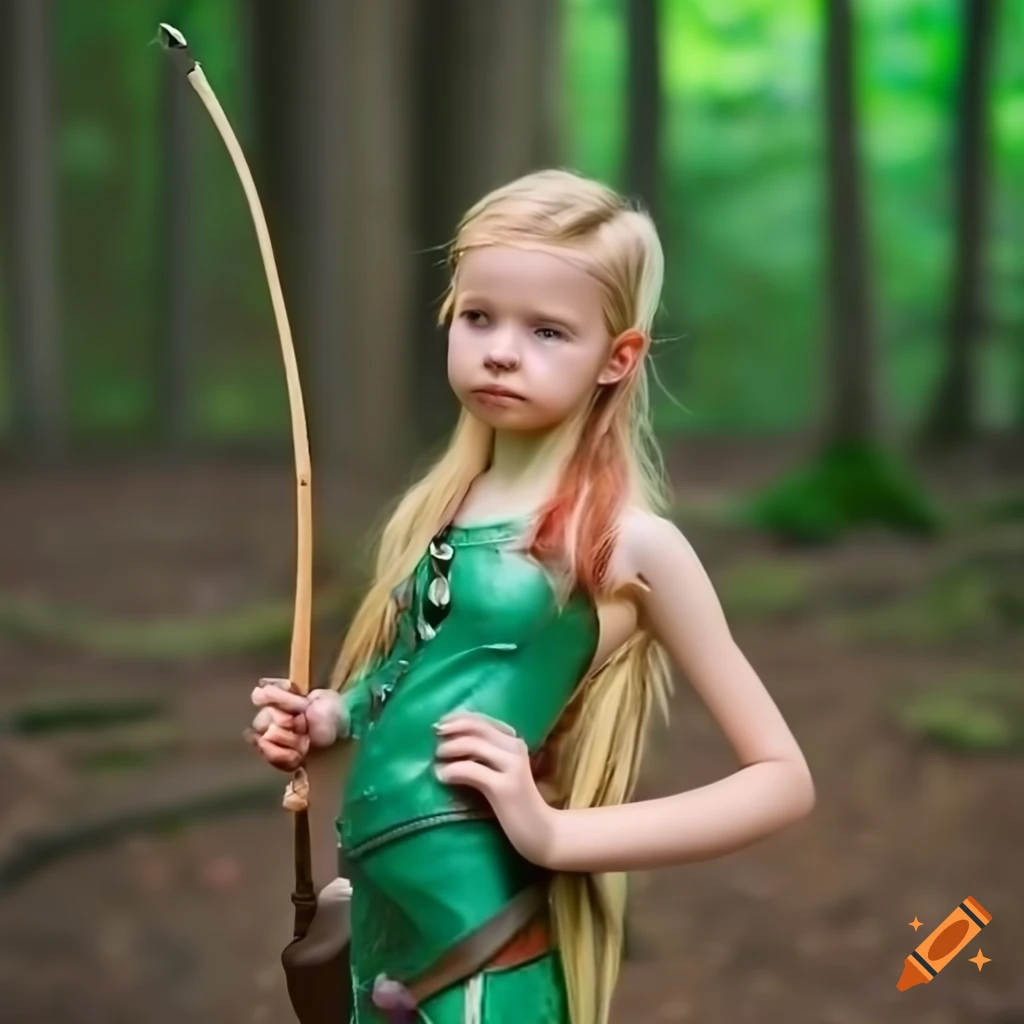 Petite girl fantasy archer with strawberry blonde pigtails wearing green leather, walking in a ...