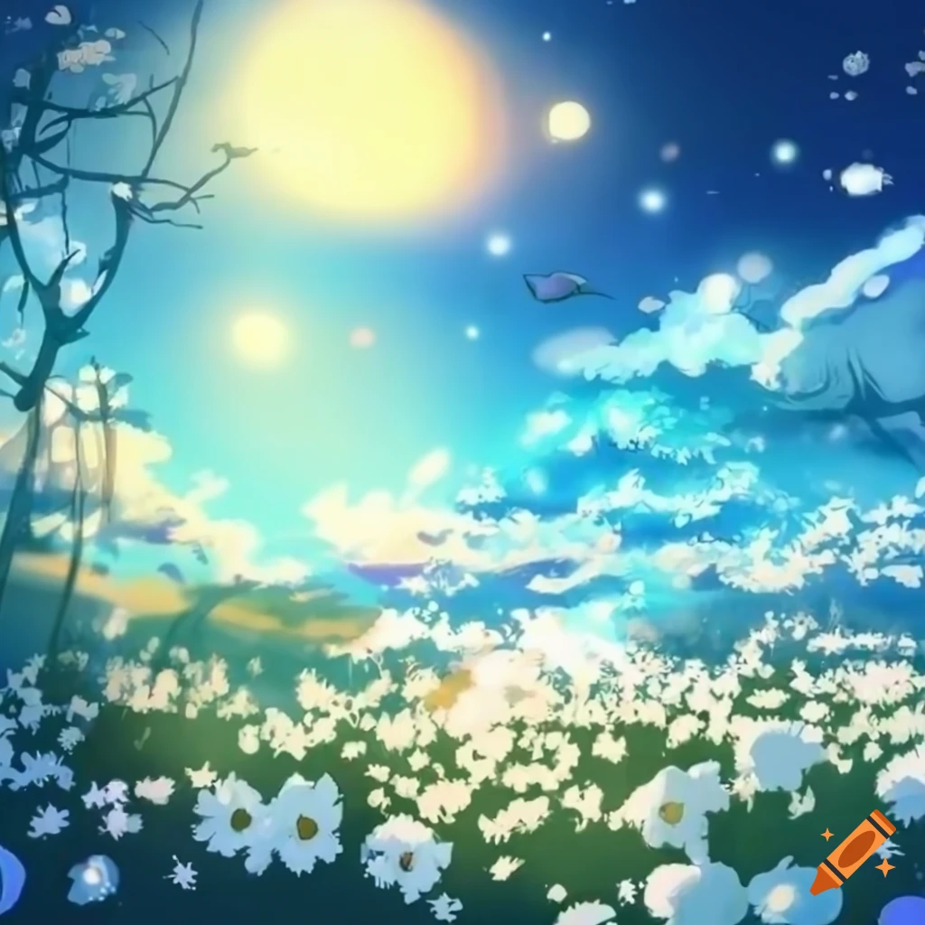 Anime-style artwork of endless white flowers under a starry and sunny ...
