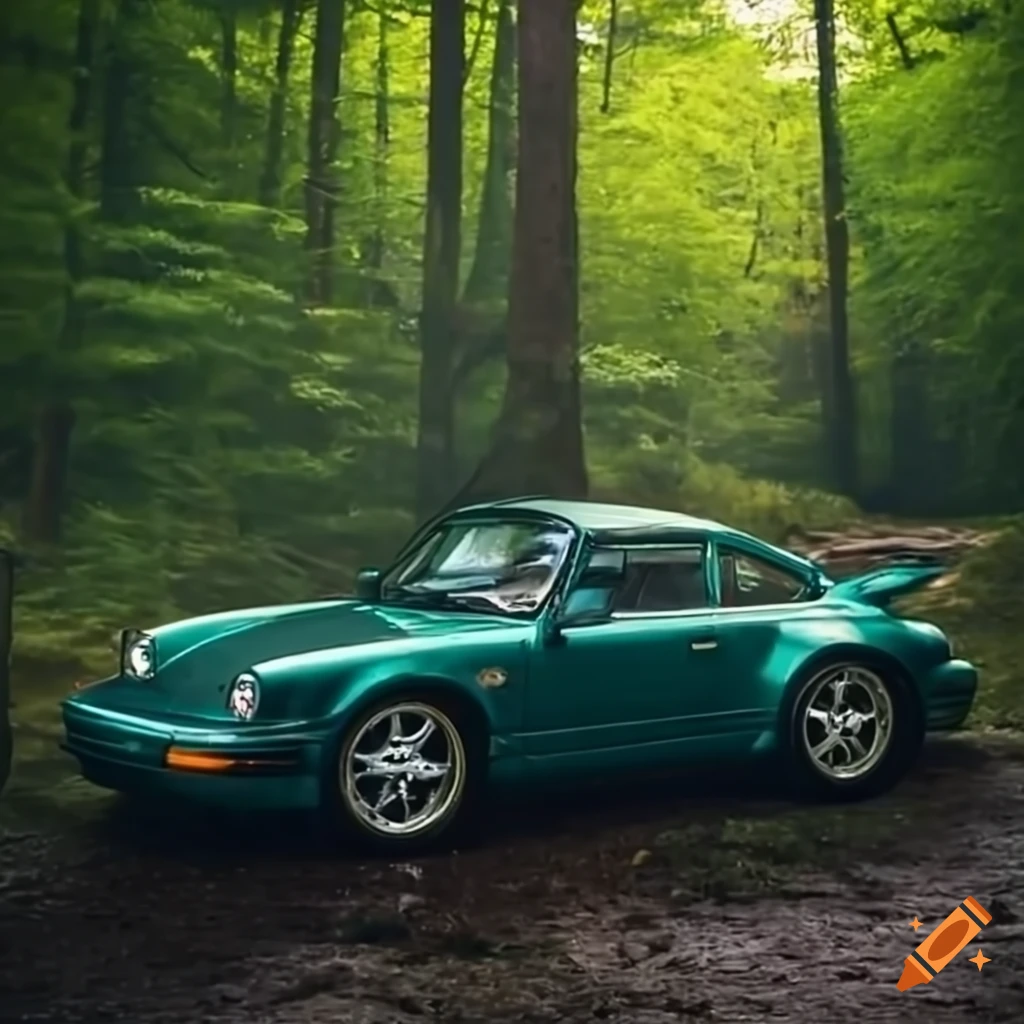Dark green porsche 964 in a forest on Craiyon