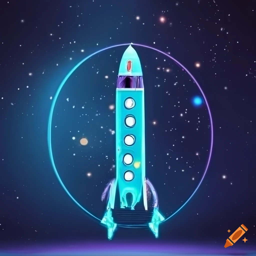 Space neon rockets with burn among stars on moon robot retrofuturism ...