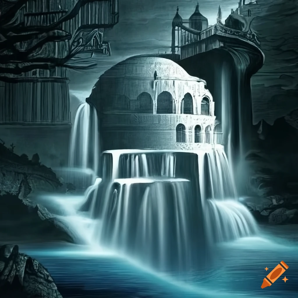 Draw a breathtaking observatory with a waterfall elegantly cascading ...