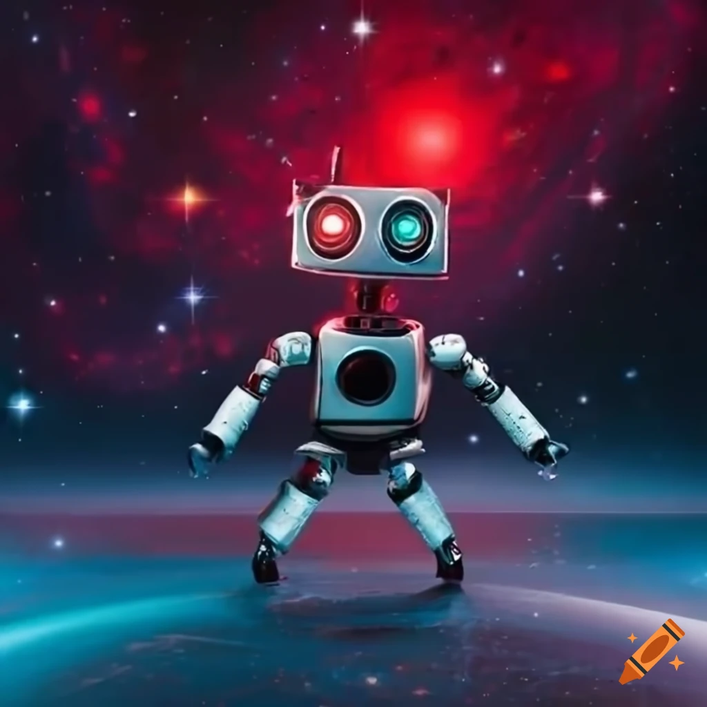 Jump roping robot in space with red coloring and red lights and ...