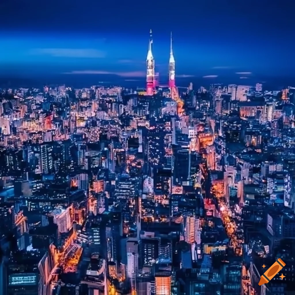 City lights aerial view of tokyo blue hour on Craiyon